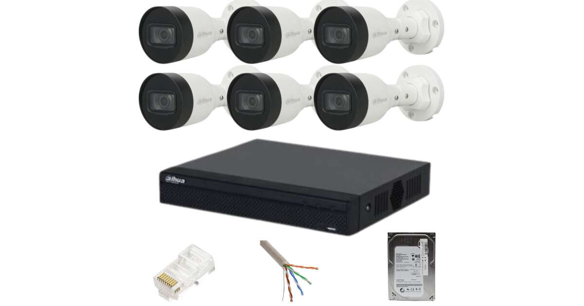 Dahua felügyeleti rendszer 6 kamera kültéri, IP, 2MP, IR 30M, PoE ...
