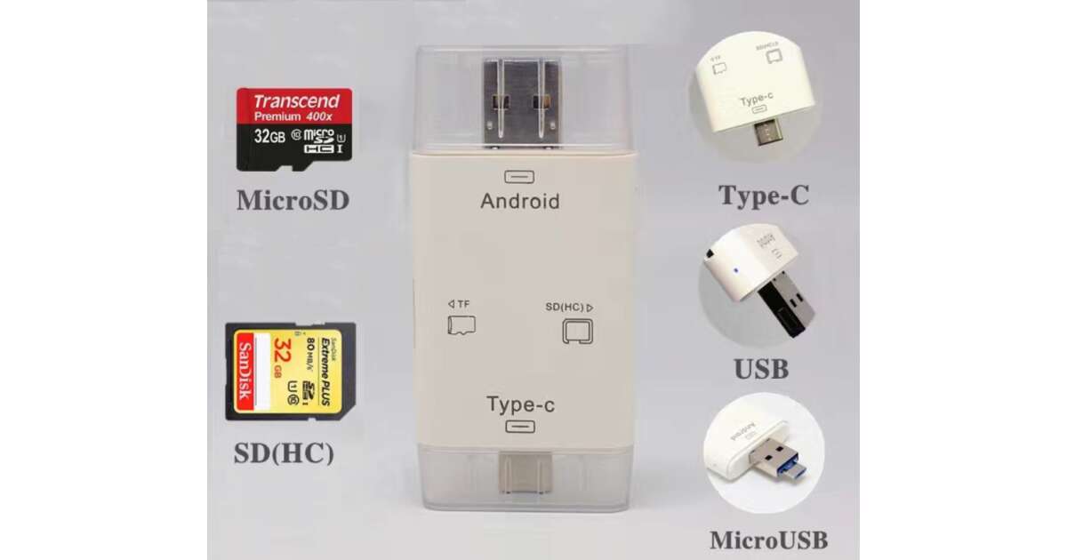 3in1-ben OTG kártyaolvasó, TF kártya, SD kártya, USB-C, MicroUSB és USB ...