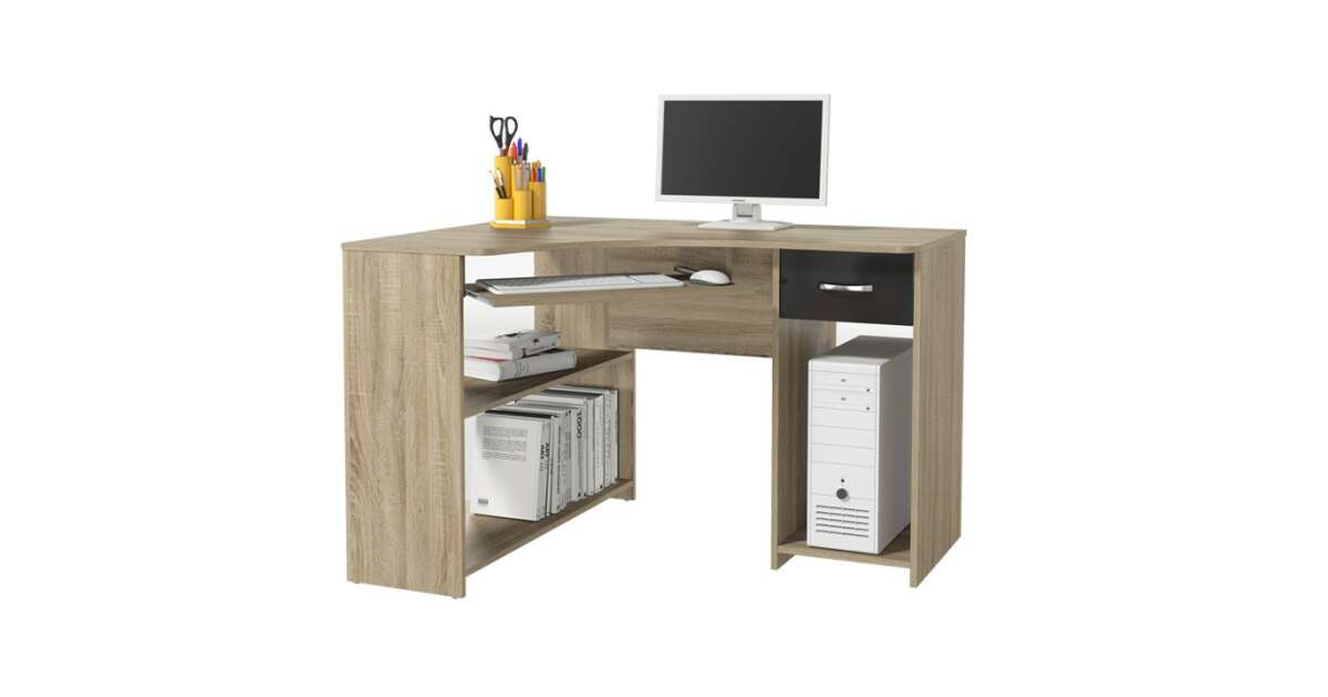 sarok PC asztal, tölgy sonoma/fekete fényes, UMAG | Pepita.hu