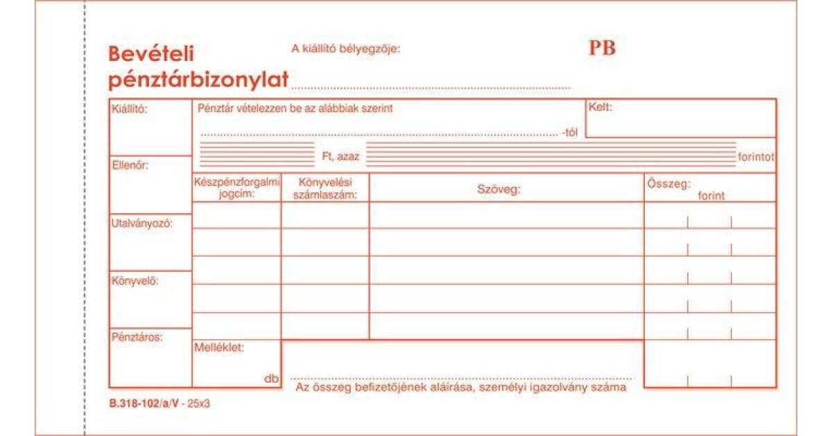 Nyomtatvány, bevételi pénztárbizonylat, 25x3, VICTORIA PAPER "B.318-102 ...