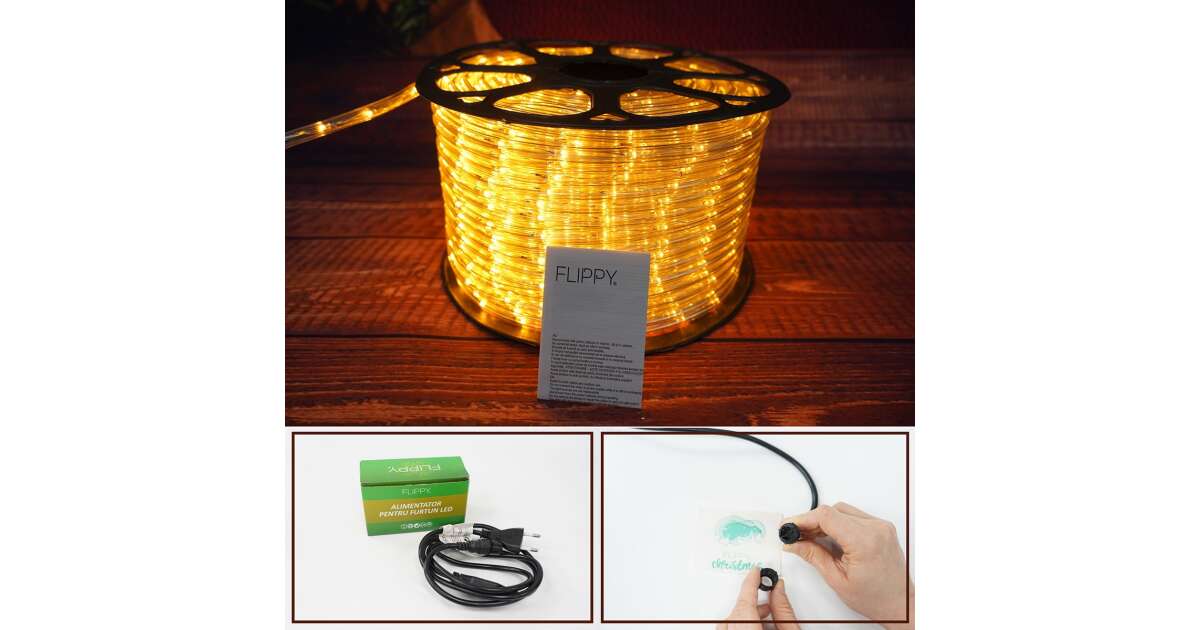Instalatie Craciun, 80 m, 1920 Led-uri, Furtun Luminos, Alb cald ...